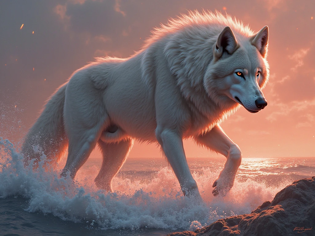 Wolf, background coral-colored wool not orange, dark sea - SeaArt AI