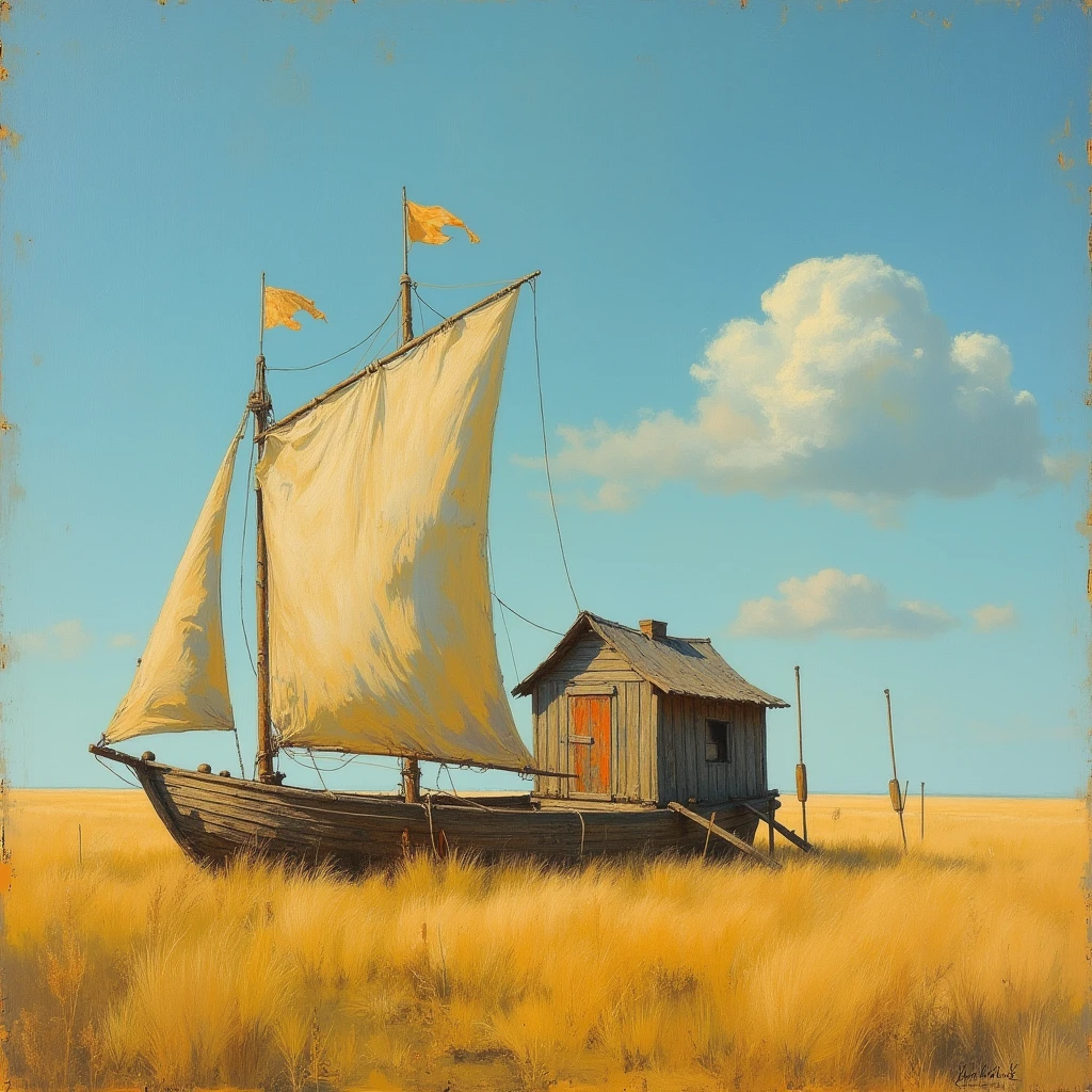 A small, rustic, rudimentary old wooden cabin with two large old sails ...