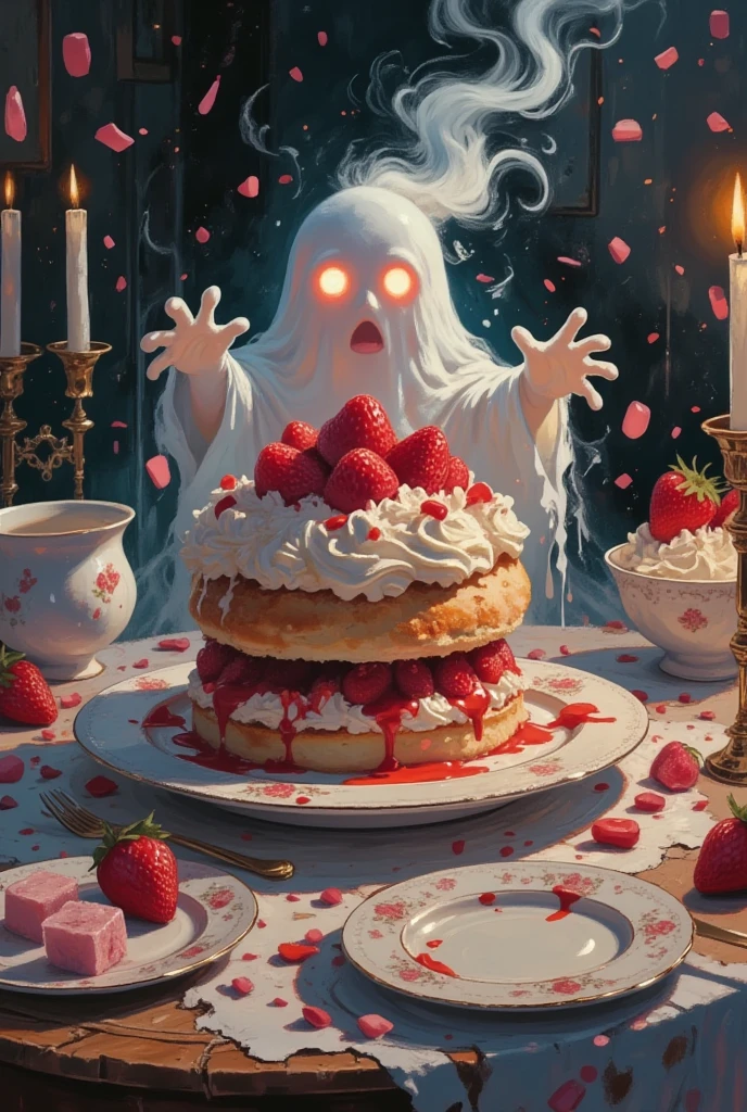 Anime-style, a cursed strawberry shortcake sitting on a vintage table ...