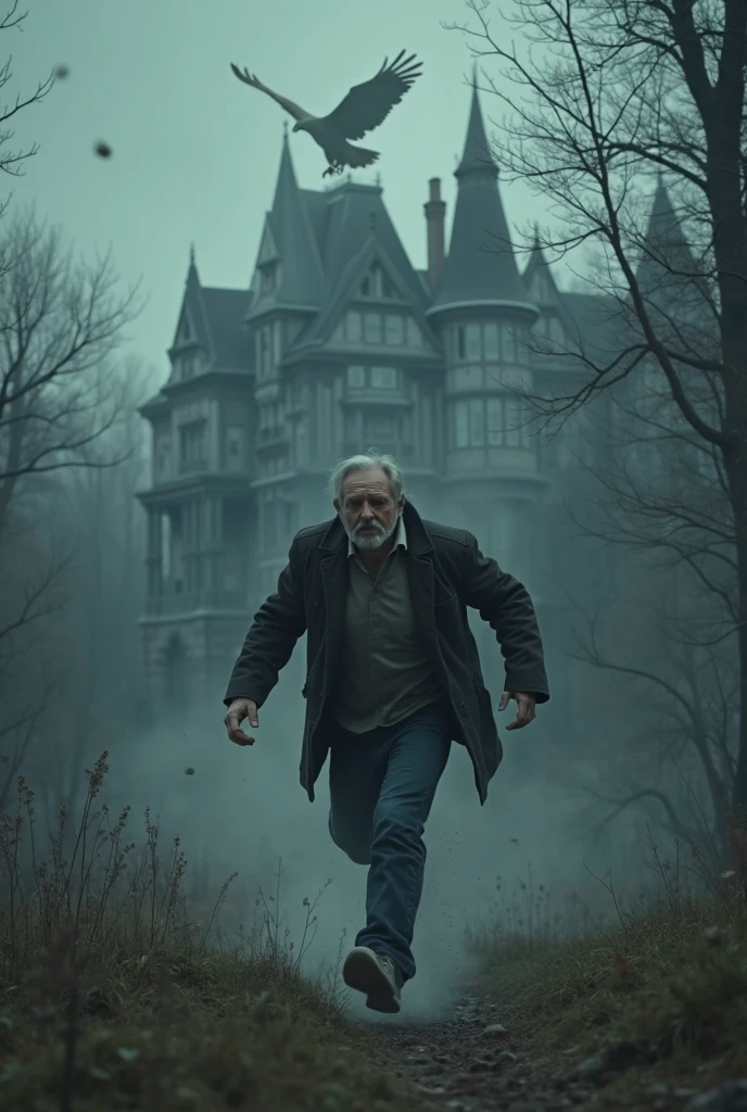 Make a video When a man is running form the haunted mansion when they ...