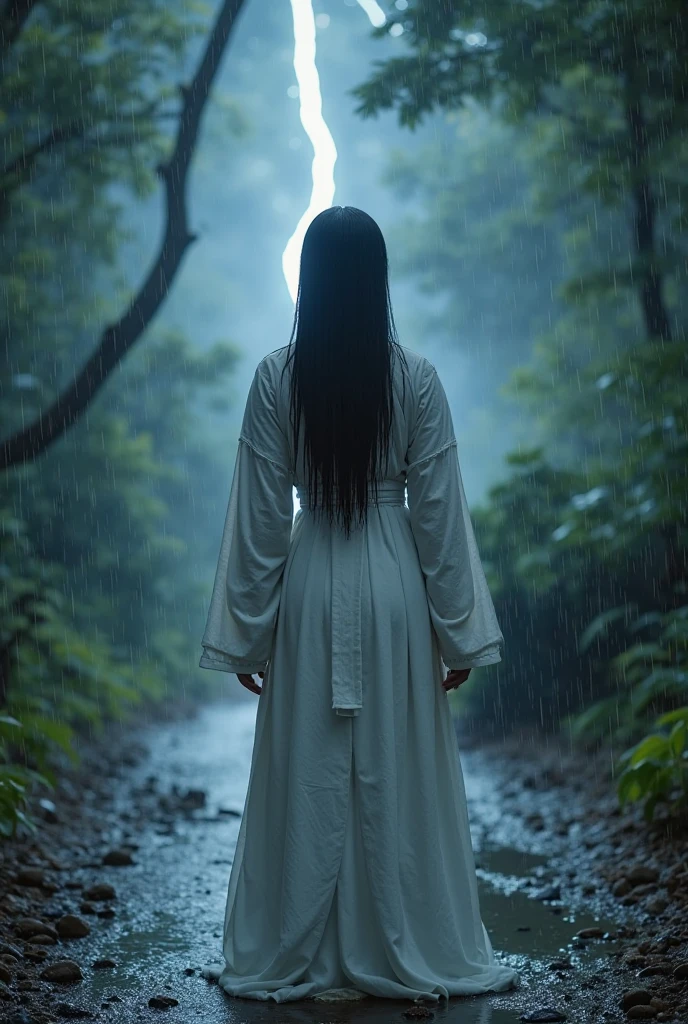 A cinematic scene of a female cultivator standing in the rain - SeaArt AI