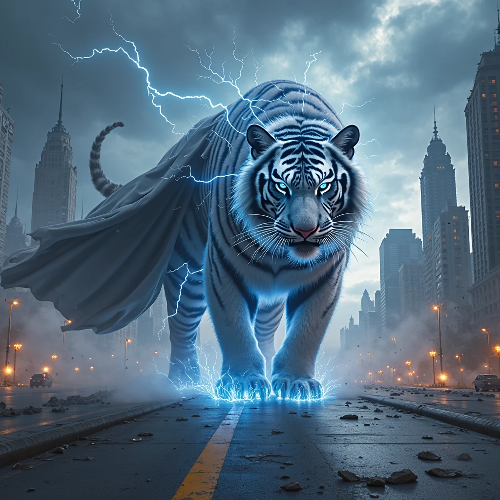 "A mighty, Thor-inspired giant Tiger walking down a city highway under ...