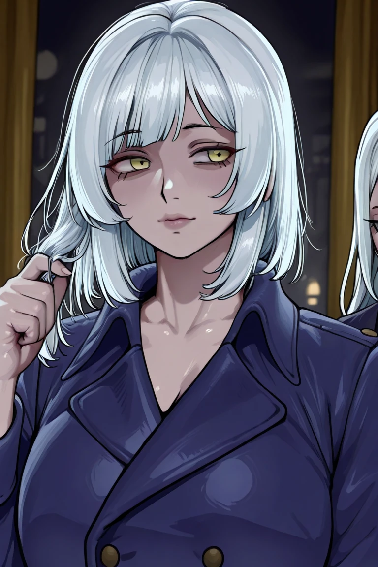 A tall, mature woman with white hair, your hair is loose with a full ...