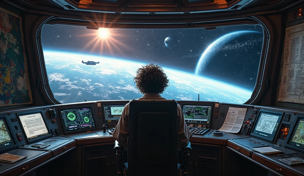 A zoomed out third person POV of a curly haired space ship commander ...