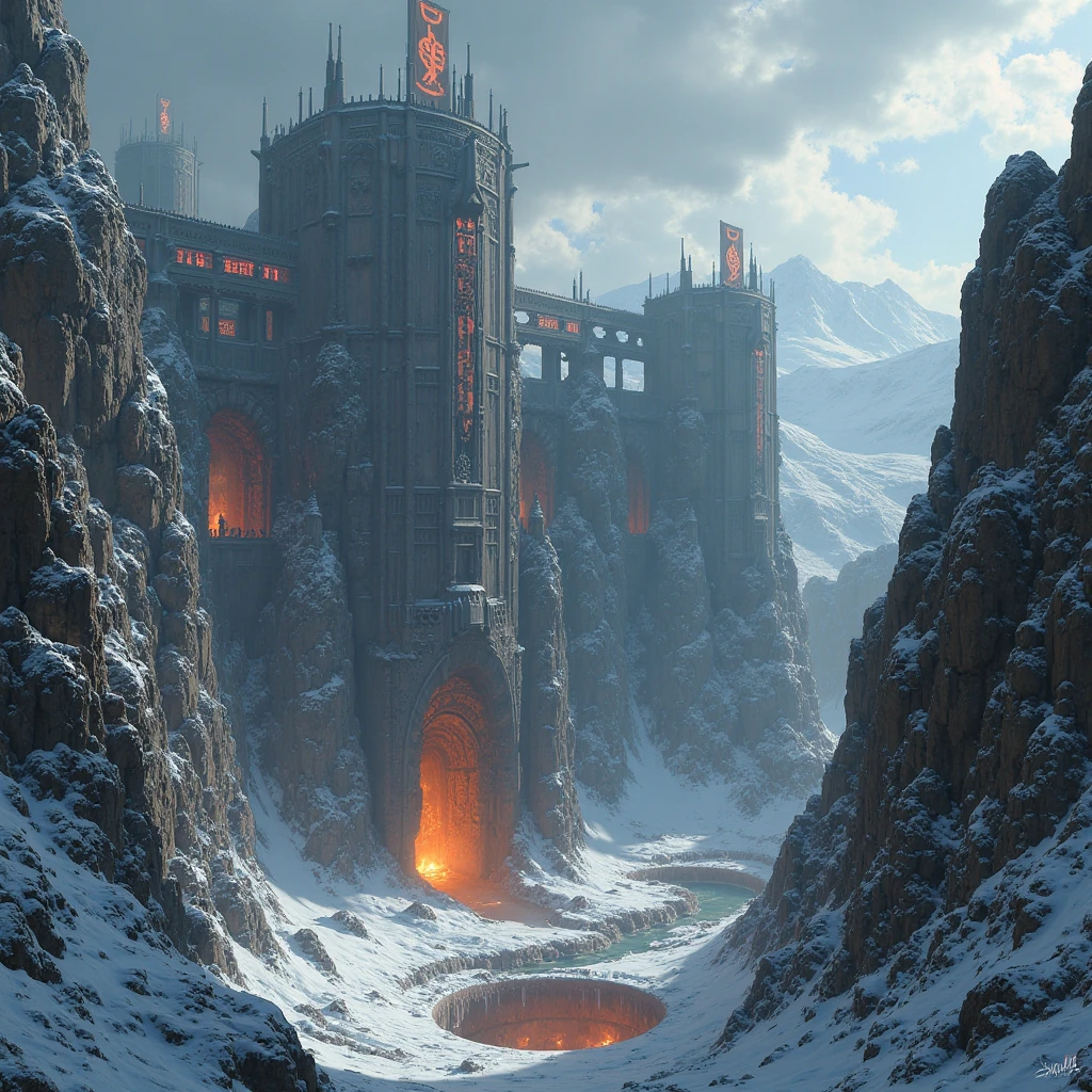 A colossal fortress carved into the storm-scarred cliffside of Gorn ...