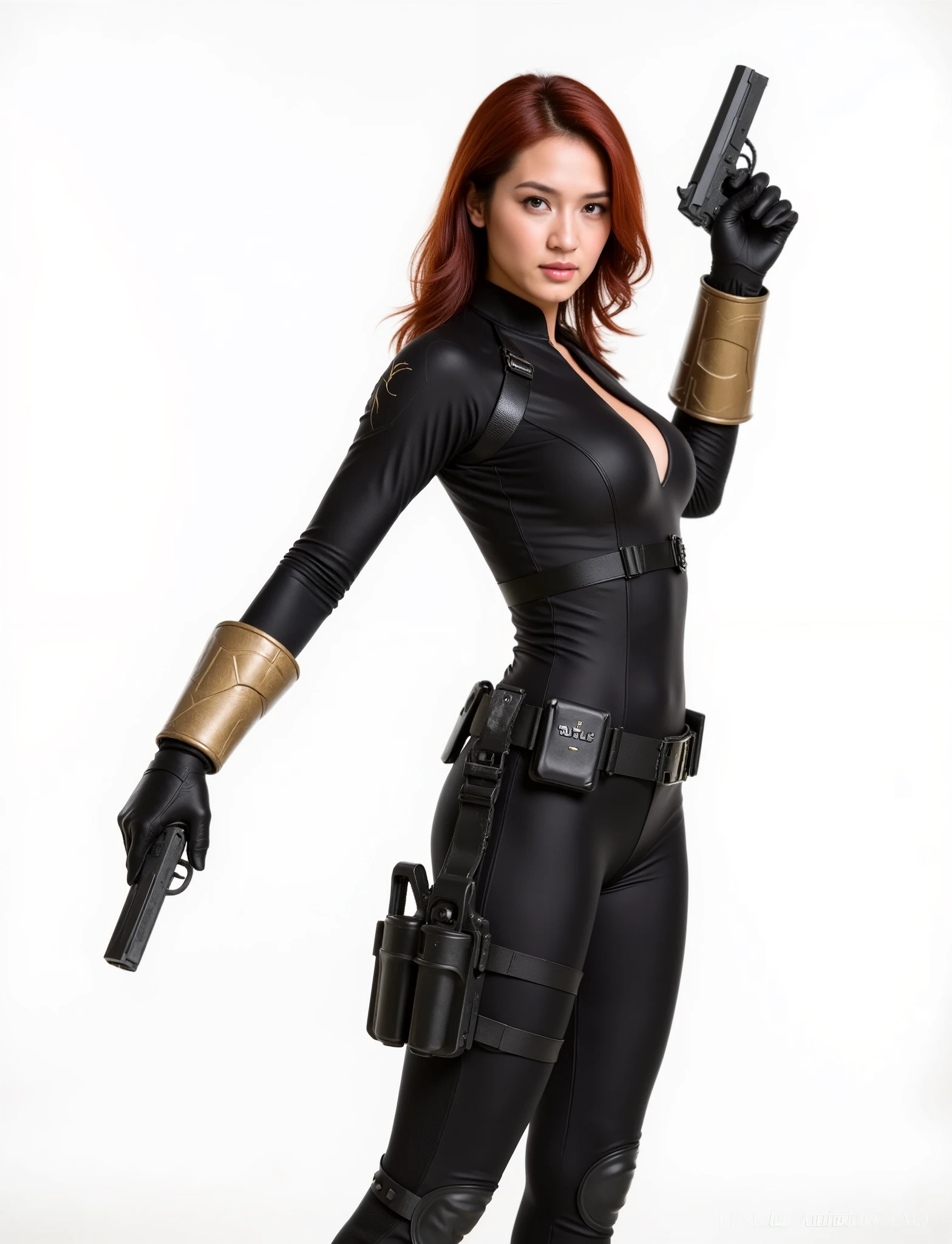 A strong, confident woman stands poised with dual handguns raised in a ...