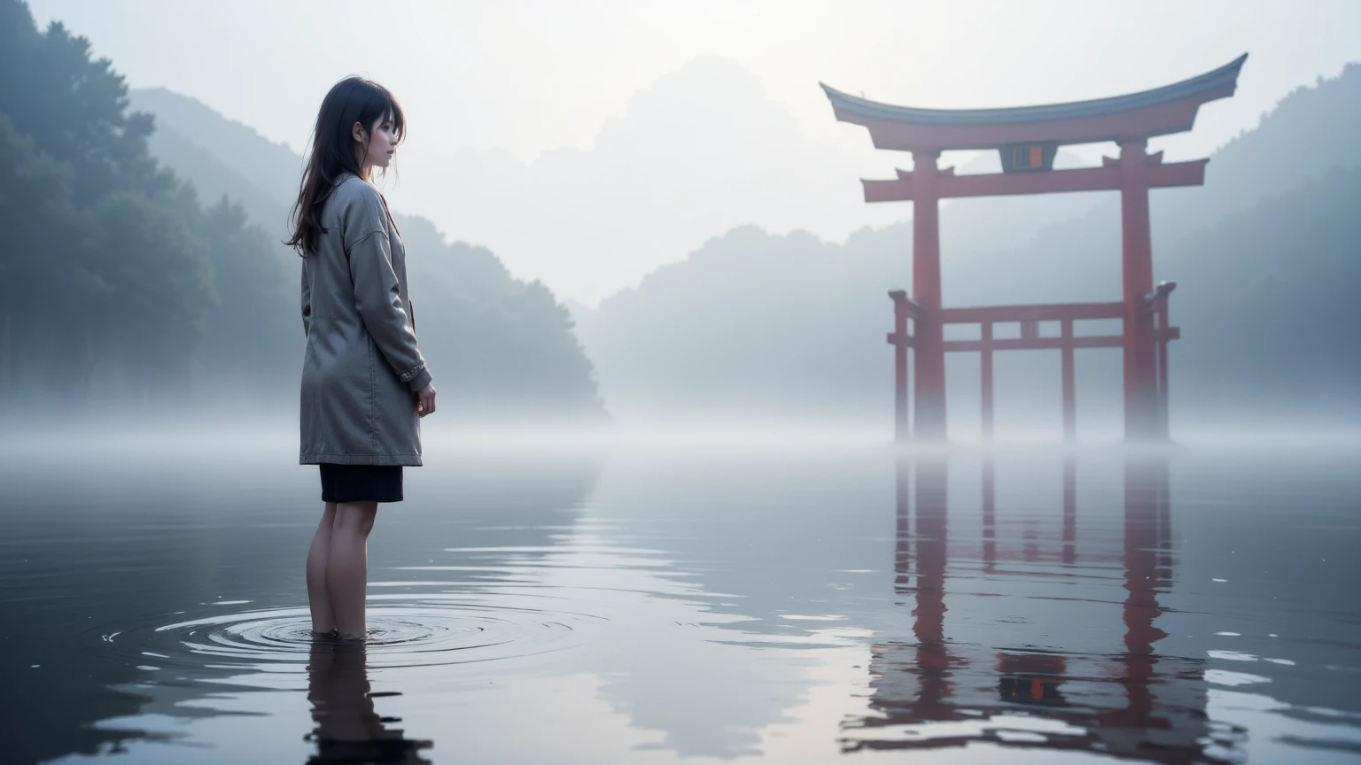 anime style, a misty morning at a large lake, a torii gate partially ...