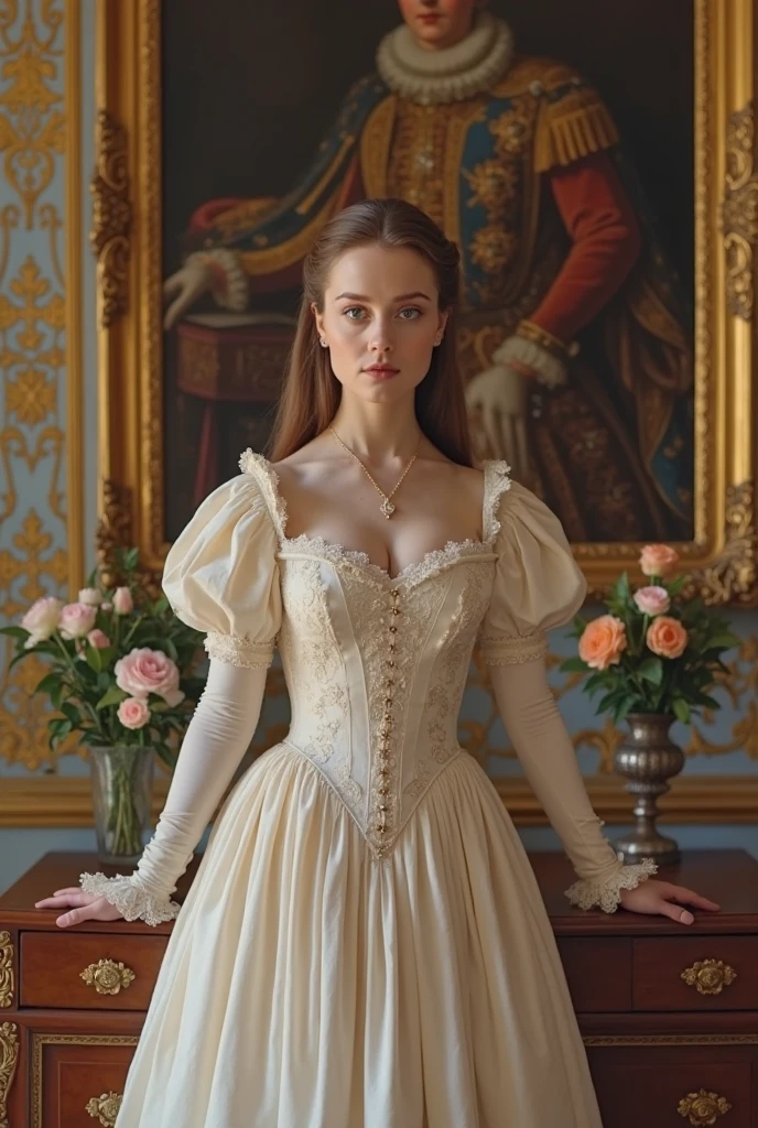 A victorian princess, standing in front of a cabinet on the wall is a ...