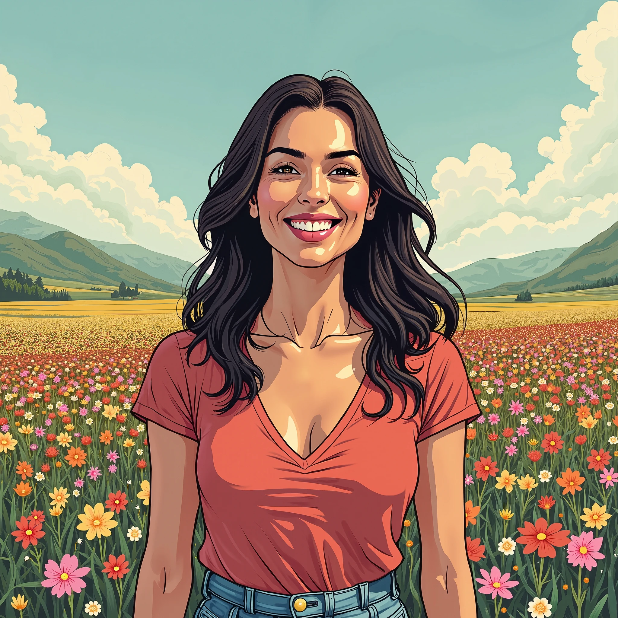 A portrait of an adult American woman in comic book style, smiling ...