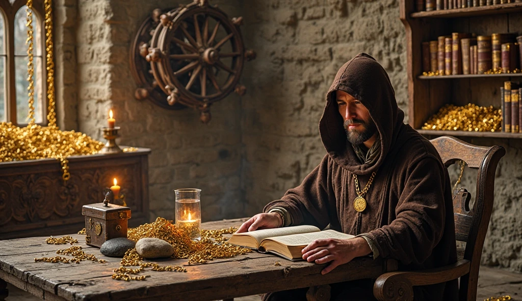 Gold chests with gold coins, magic books and gold wealth in the stone ...