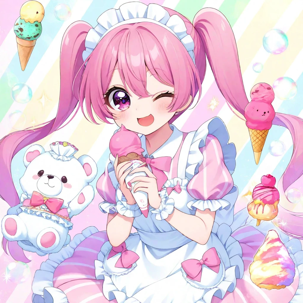 1girl, pink hair, twin tails, big eyes, winking, one eye closed - SeaArt AI