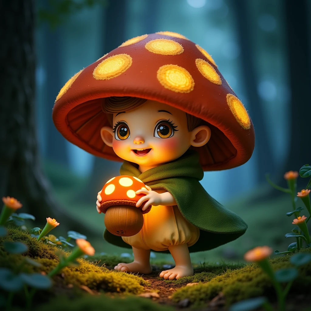 Mashroom, a whimsical forest spirit with a cap-shaped hood that glows ...
