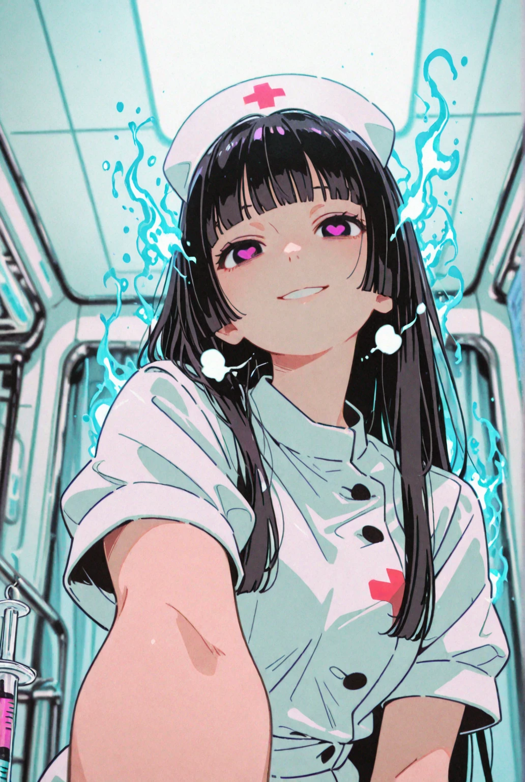 POV, dynamic angle, low angle, extreme close-up, 1girl, hime cut, nurse ...