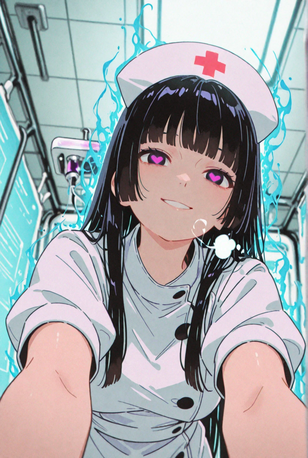 POV, dynamic angle, low angle, extreme close-up, 1girl, hime cut, nurse ...