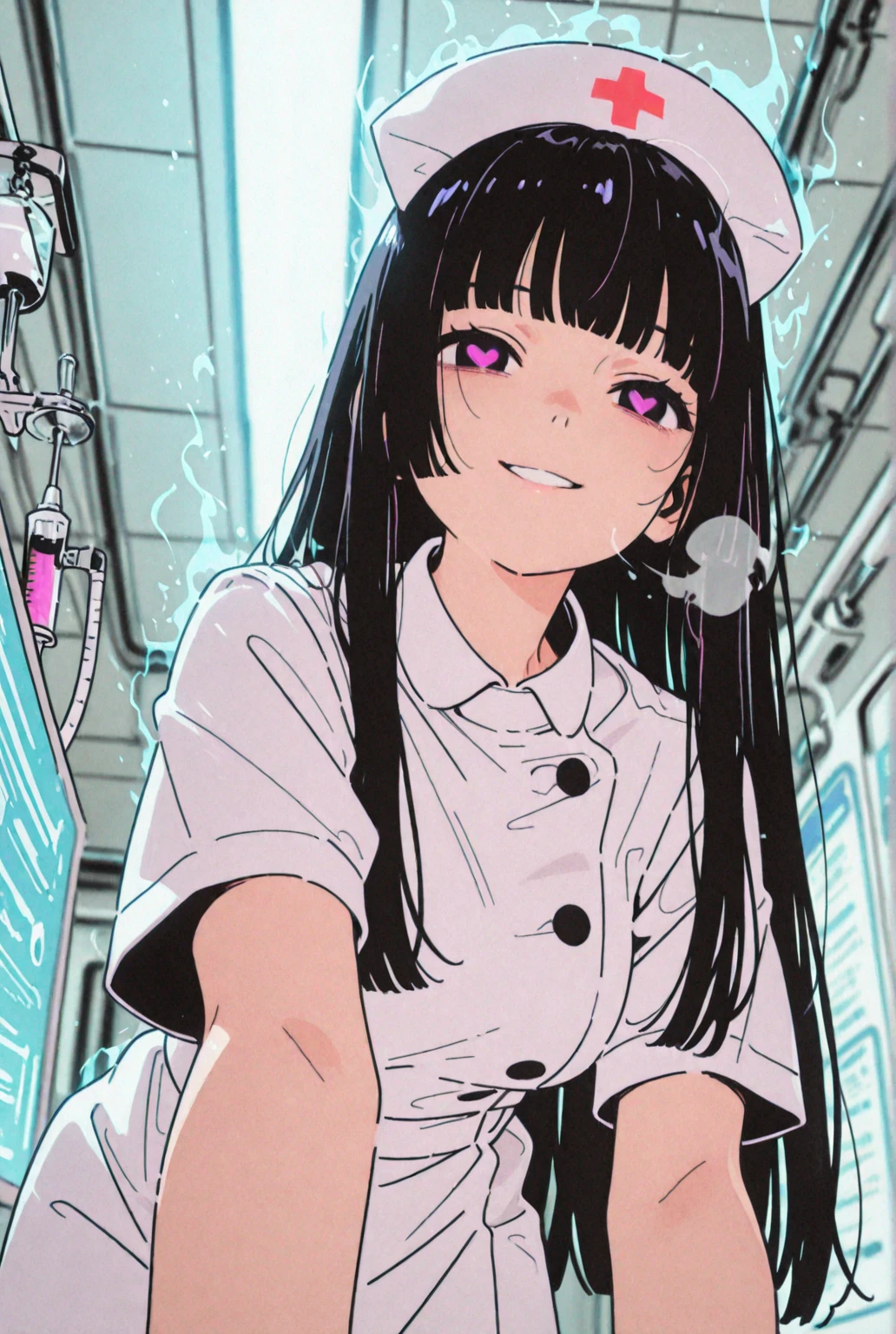 POV, dynamic angle, low angle, extreme close-up, 1girl, hime cut, nurse ...