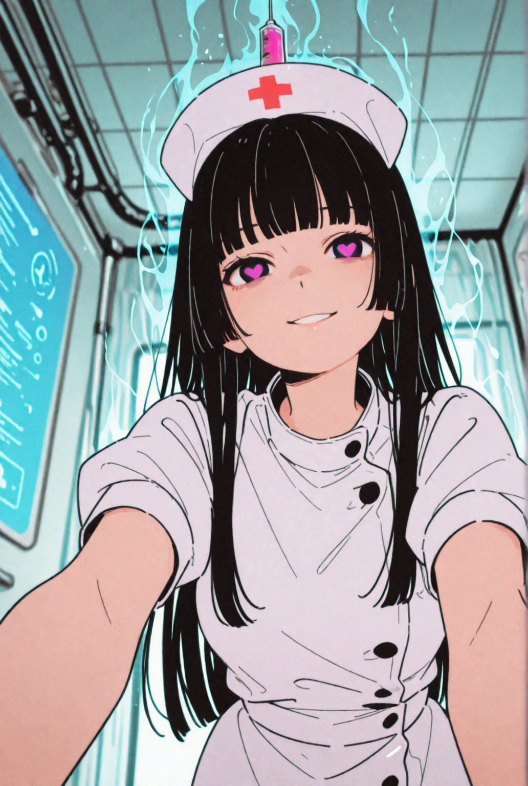 POV, dynamic angle, low angle, extreme close-up, 1girl, hime cut, nurse ...