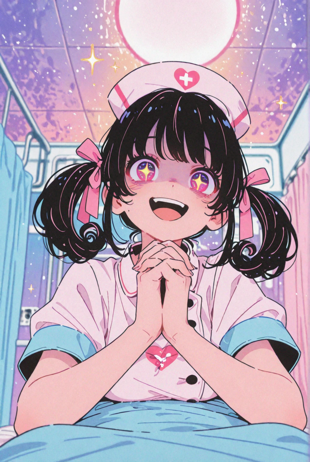 POV, low angle, dynamic pose, 1girl, twin tails with inward curls ...