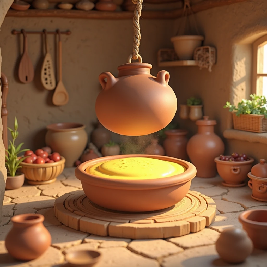A 3D cartoon mud house kitchen with hanged earthen mud pot ( in center ...