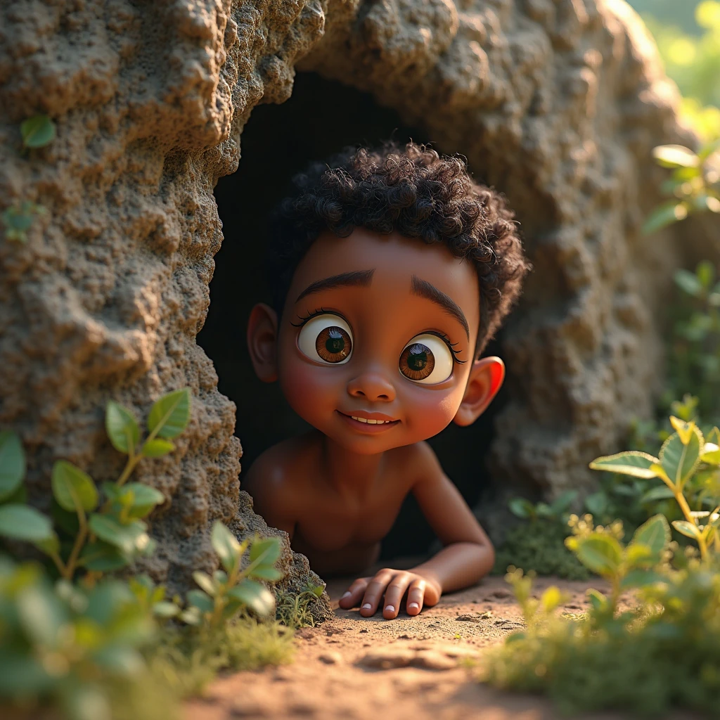A boy, Tamu — young, dark skin, short curly hair — peeks from behind a ...