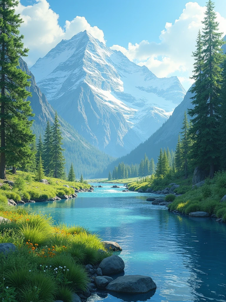 Alaska landscape in spring river and trees - SeaArt AI
