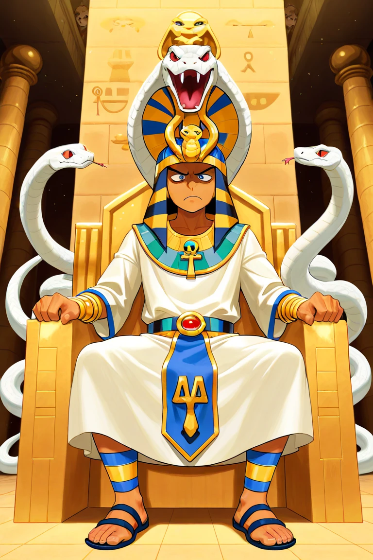 Picture with a bird's eye perspective, the pharaoh is sitting on his throne - SeaArt AI