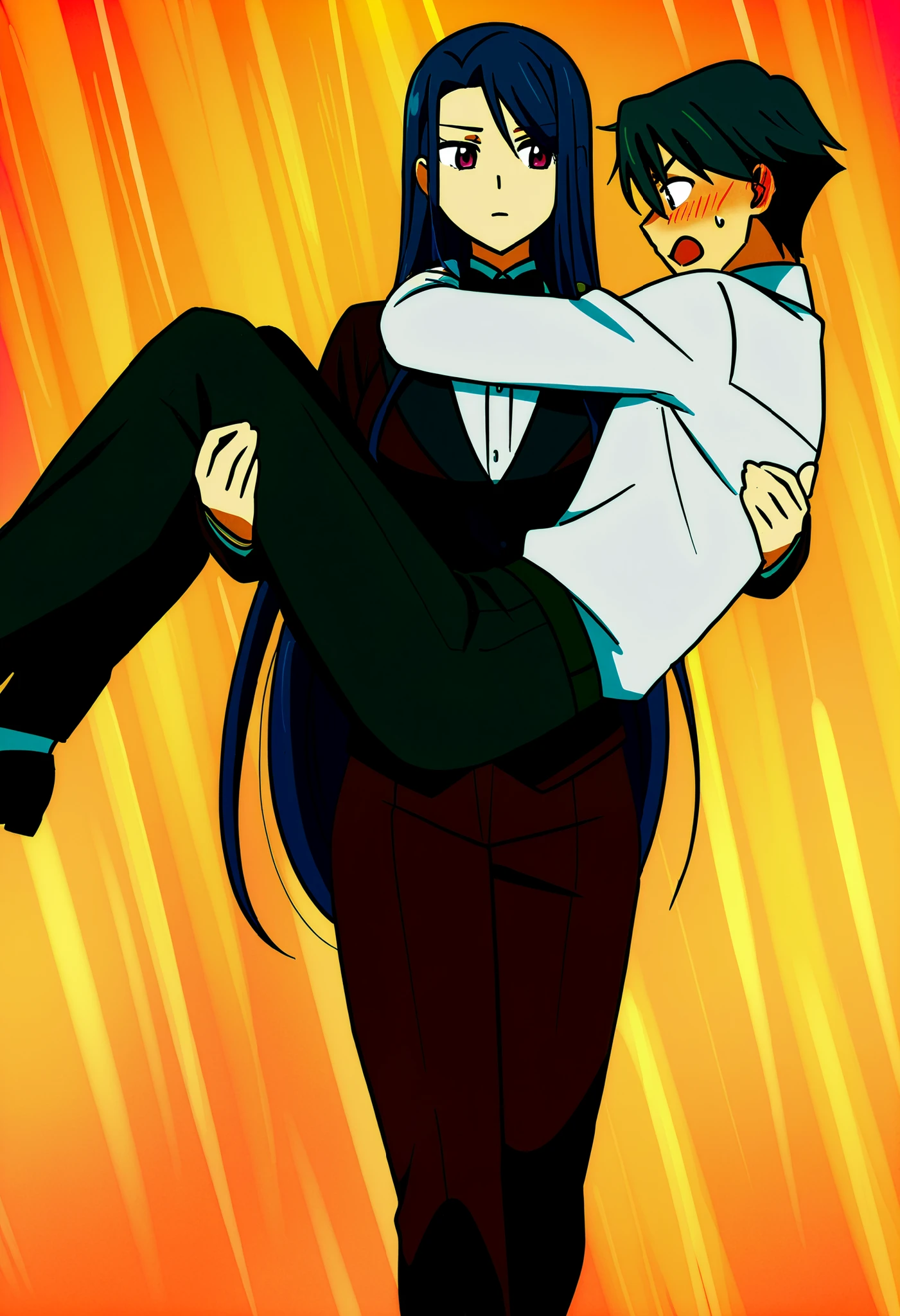 Role reversal, female carrying male, anime style , female wearing a ...