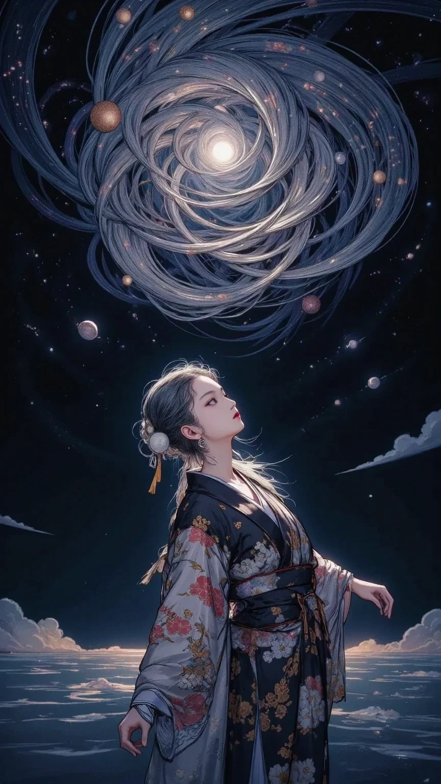 Fantastic swirls floating in the starry night sky、A number of silvery ...