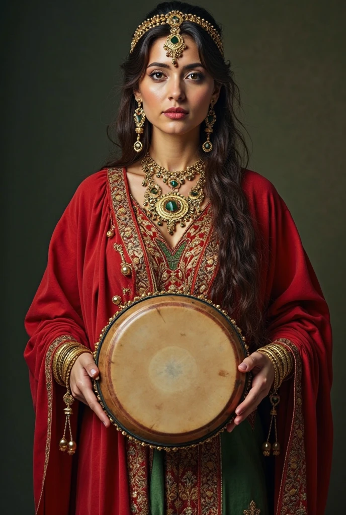 Arab ethnic woman, front-facing, wearing royal red and olive ...
