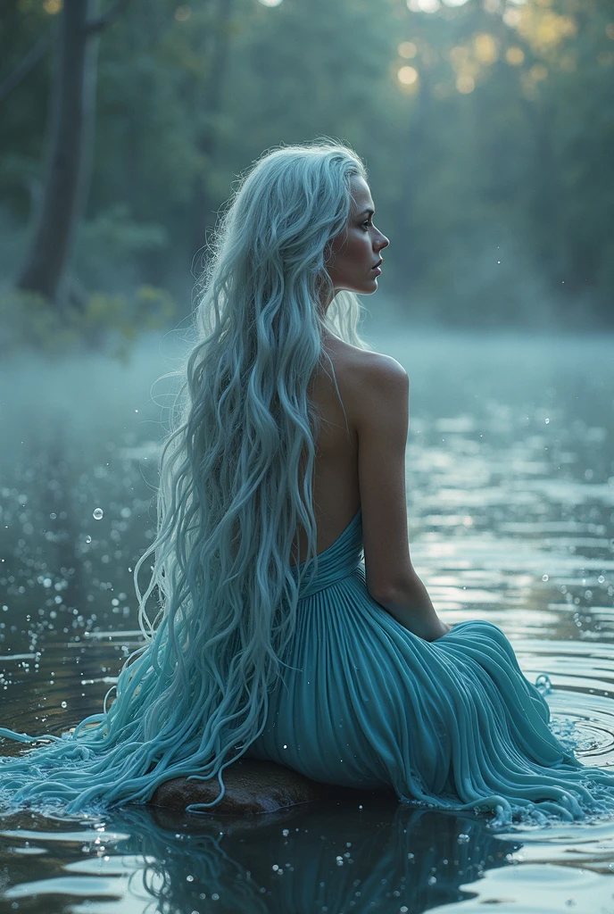 Concept: A mythical water spirit with very long, wavy hair, sitting on ...
