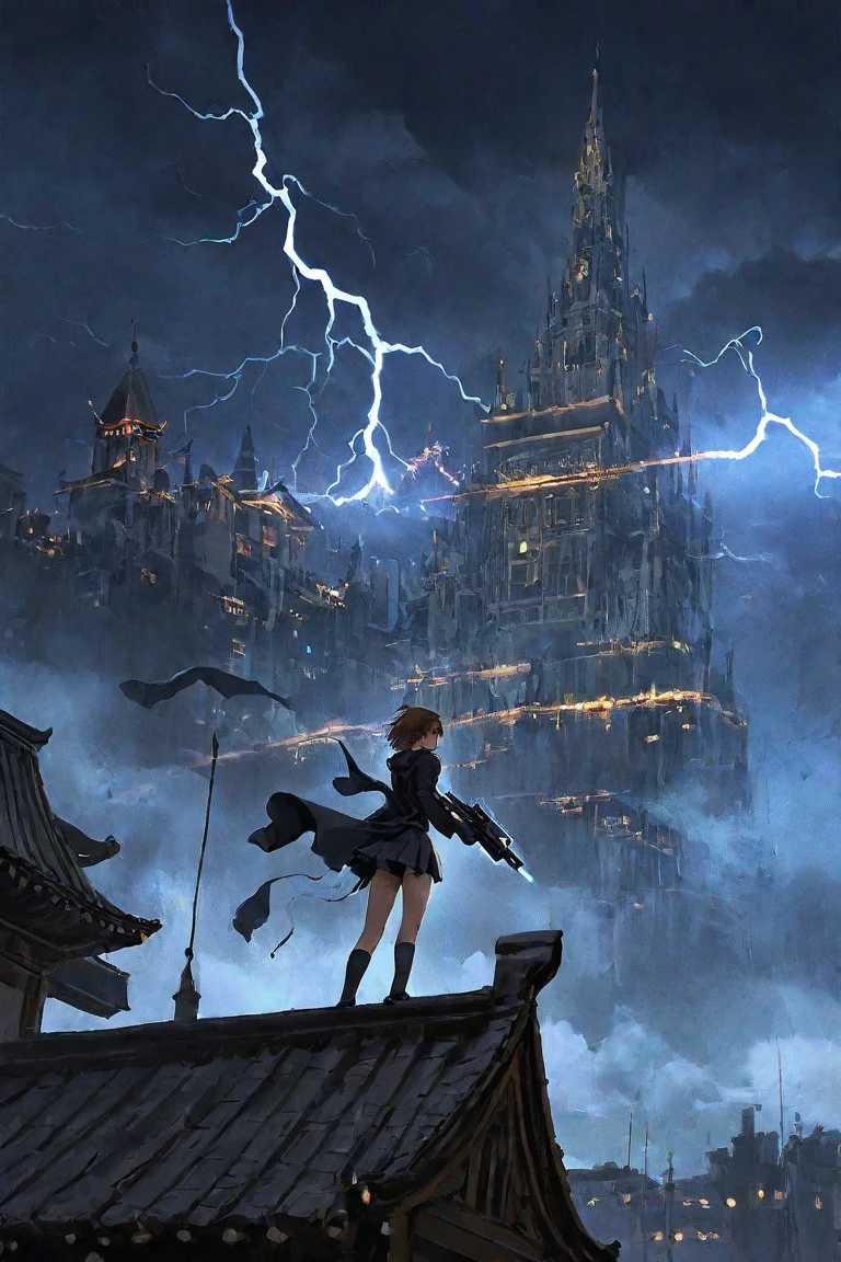 On the roof of a high-rise Jedi temple-like building、dramatic middle ...