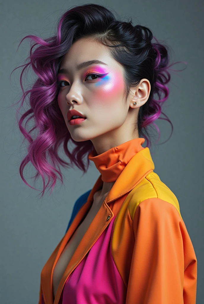 Unique high fashion photoshoot with gray background, colorful ...