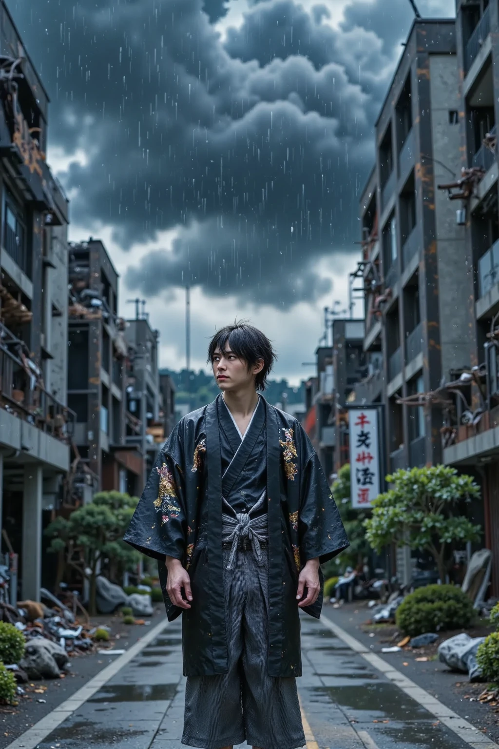 A lone young Japanese man stands in the center of a war-torn city ...