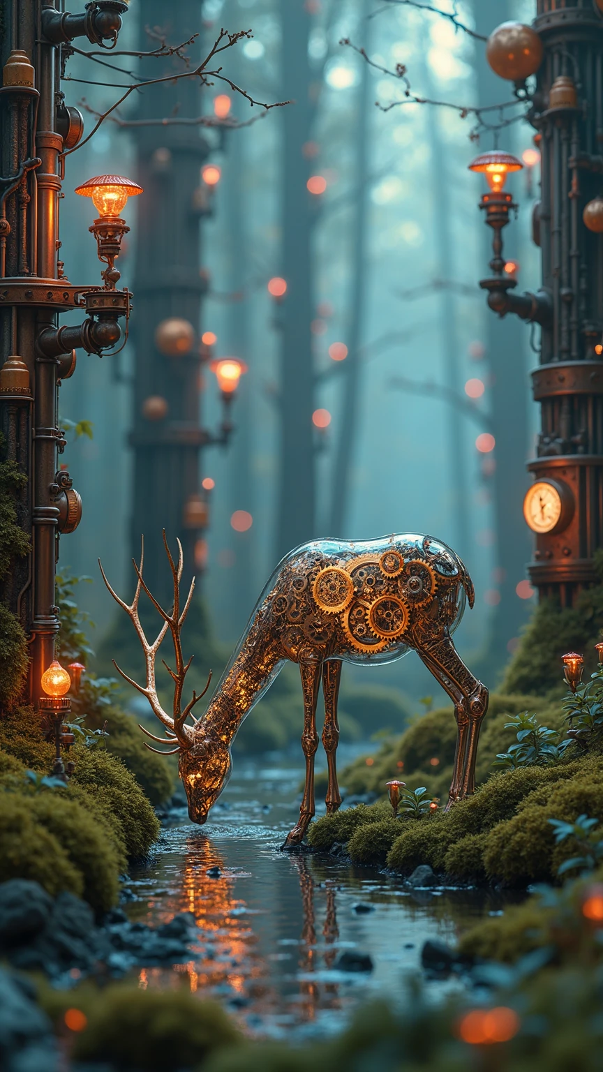 A professional, hyperrealistic photograph exploring a mechanical forest ...
