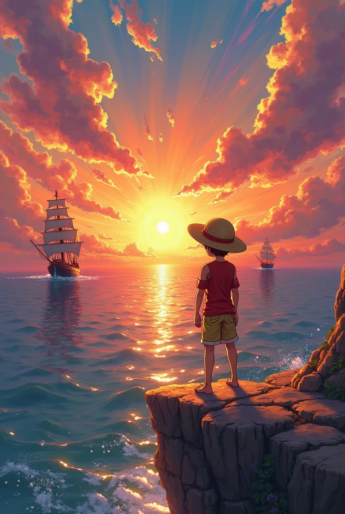 Inspired by Makoto Shinkai, glowing ocean sunset, cinematic anime ...