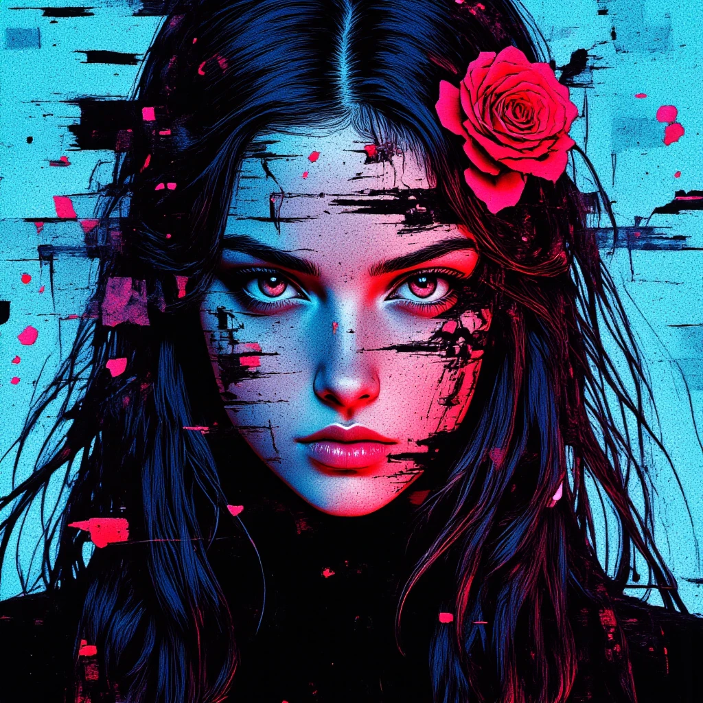 A digitally manipulated portrait utilizing glitch art techniques ...