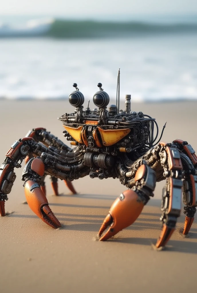 The image depicts a highly detailed, steampunk-style robotic crab on a ...