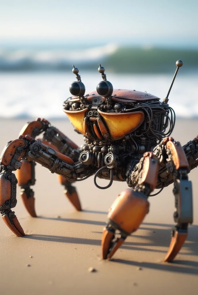 The image depicts a highly detailed, steampunk-style robotic crab on a ...
