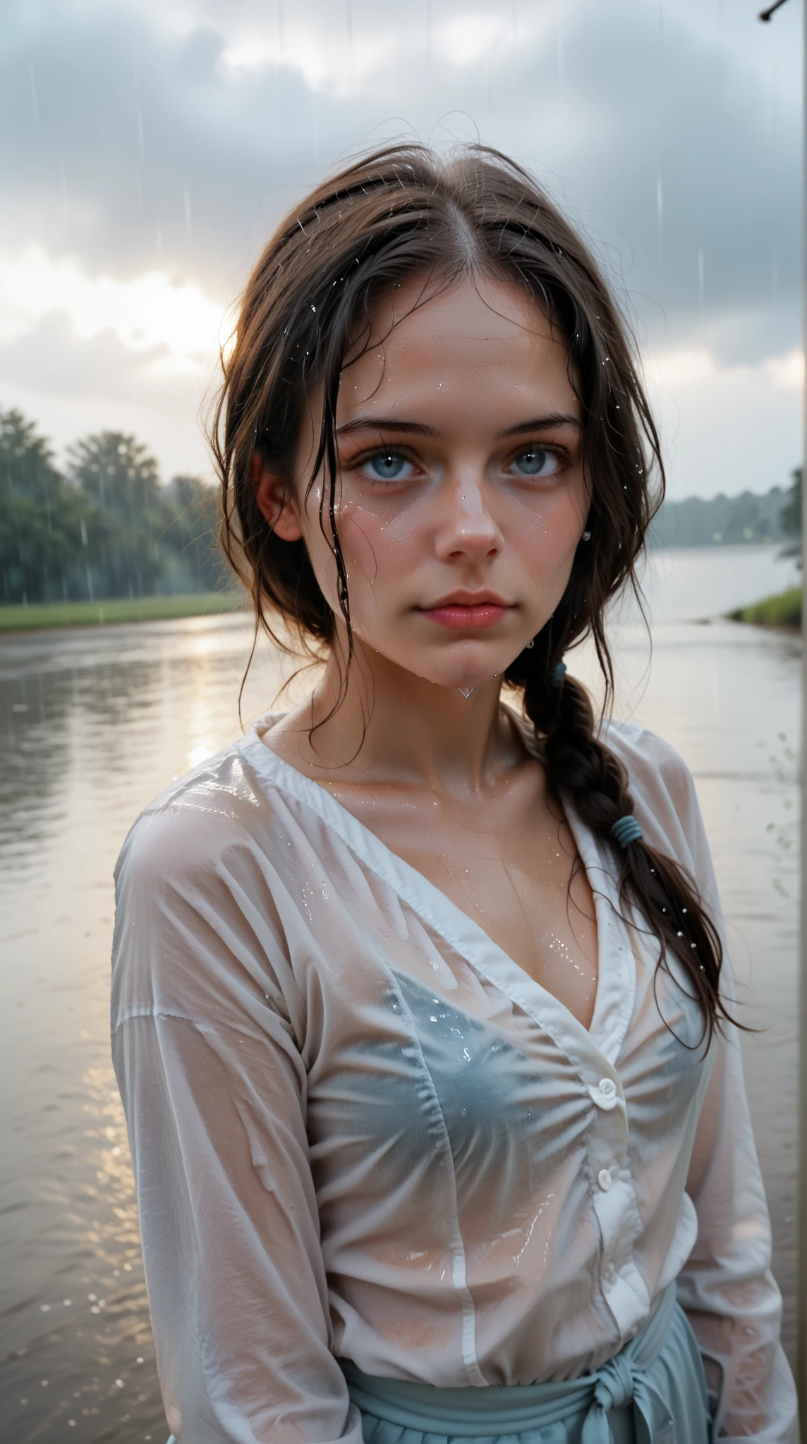 Stunning young woman stands alone under the rain, highly detailed portrait - SeaArt AI
