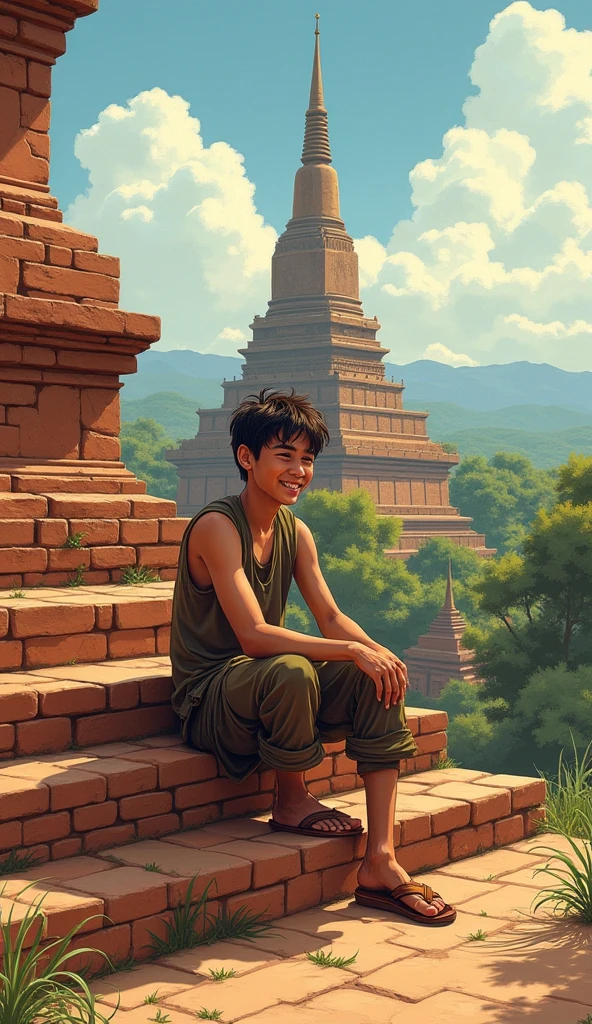 "Illustrate a traditional Myanmar-inspired scene depicting a young man ...