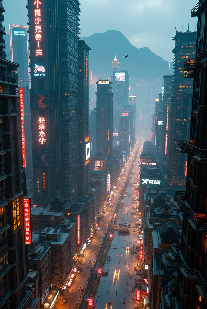A hyper-detailed, ultra-realistic aerial view of a massive cyberpunk ...
