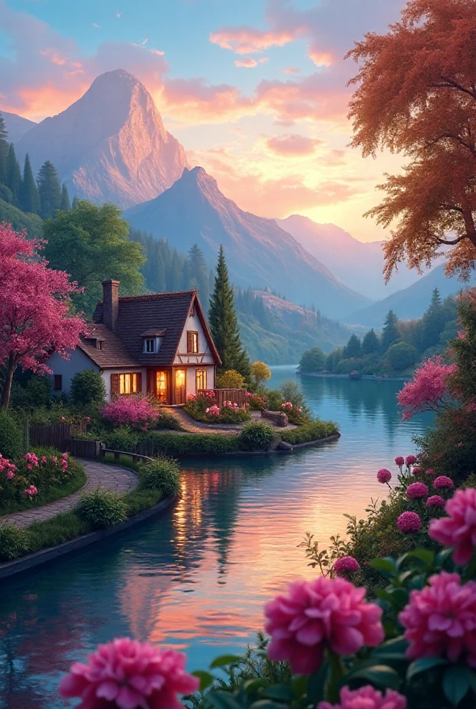 Small village by the river, mountains in the background, colorful pink ...
