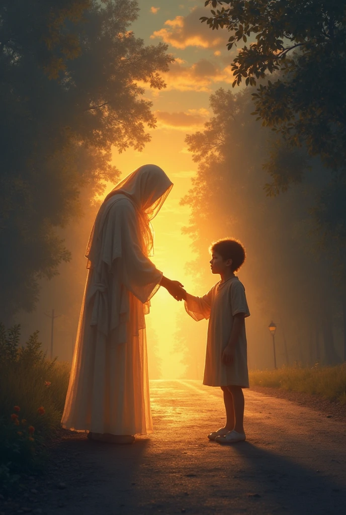 "A scene of compassion — a glowing silhouette helping a poor traveler ...