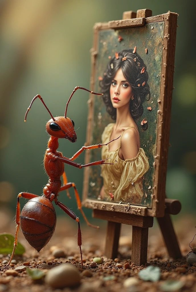What the ant is drawing in front of the easel is , Portrait of a woman ...