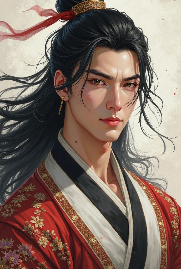 A boy with Ancient chinese costume, no tied long dark hair. Handsome ...