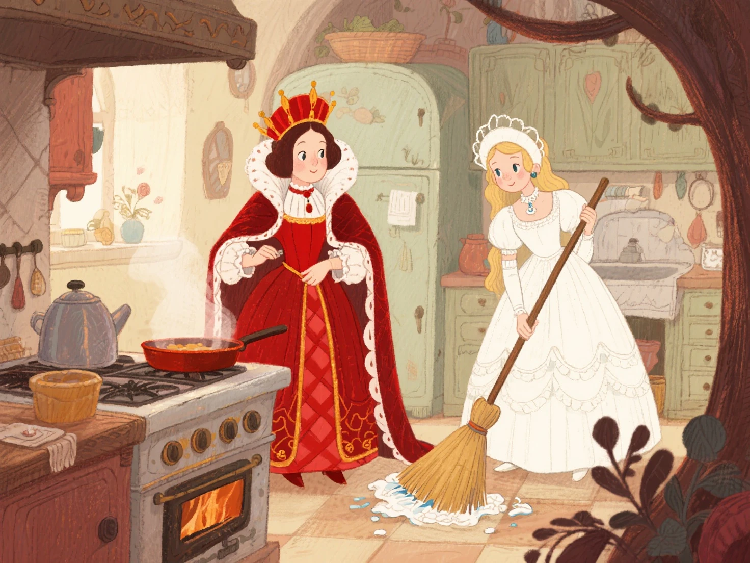 Red Queen(Alice in Wonderland)is cooking、The White Queen is cleaning ...