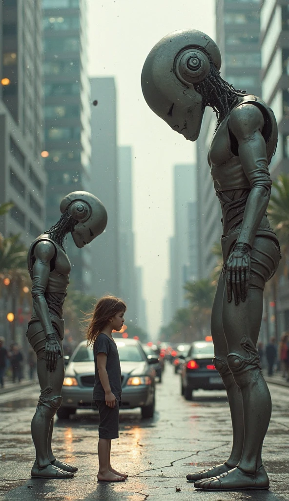 A dystopian parade in a glass-and-steel modern city. The humanoids are ...