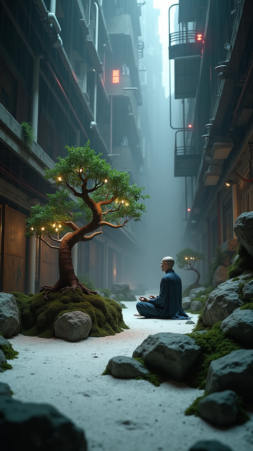 A hyperrealistic and atmospheric photograph of a hidden Zen rock garden ...