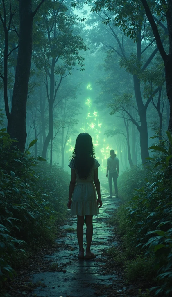 Visual: A girl in a trance, drawn toward a forest path; glowing figures ...