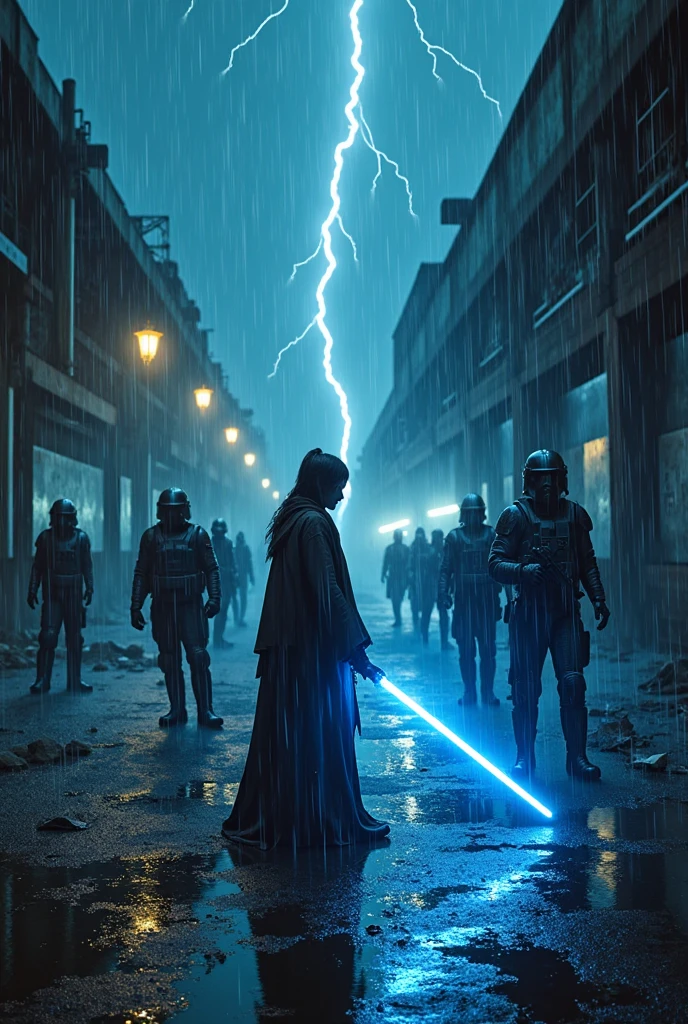 Cinematic scene of a rainy night on a destroyed industrial roof - SeaArt AI