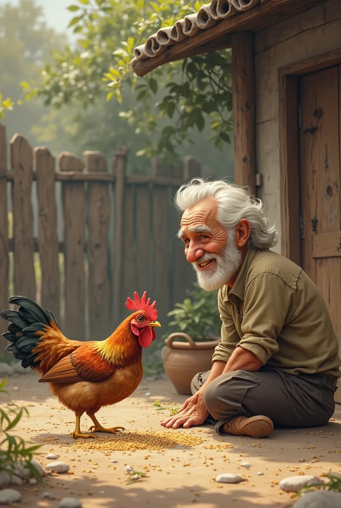 The hen is pecking grains and the old man is smiling looking at her ...
